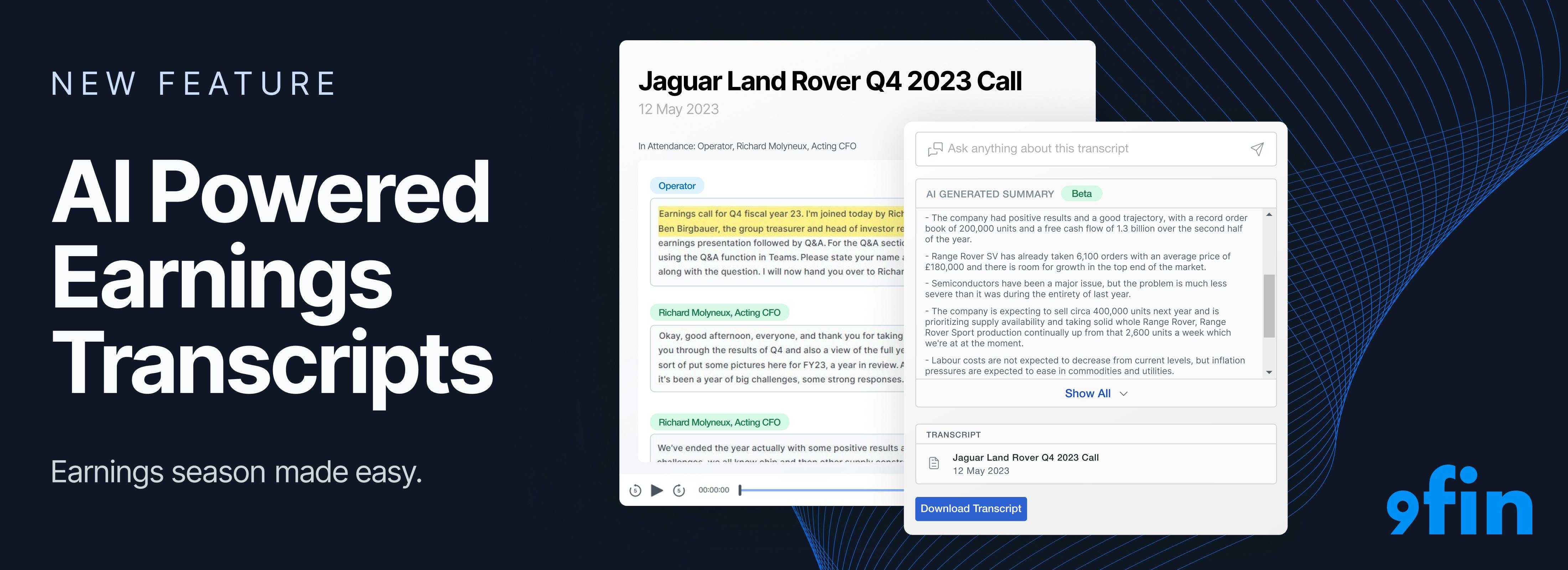 Announcing 9fin’s AI-powered earnings transcripts