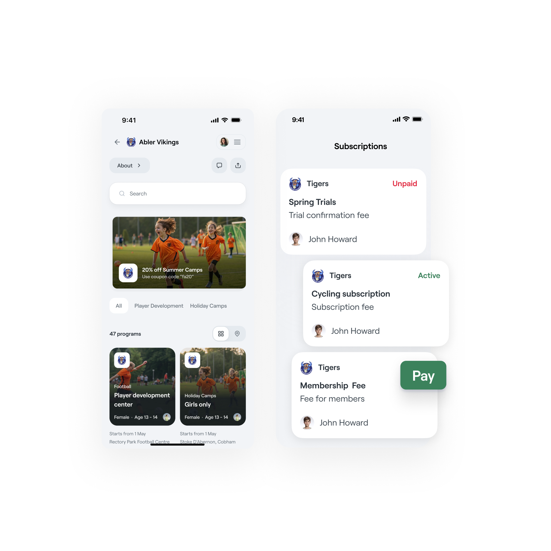 Abler mobile app showing youth sports club programs and subscription ...