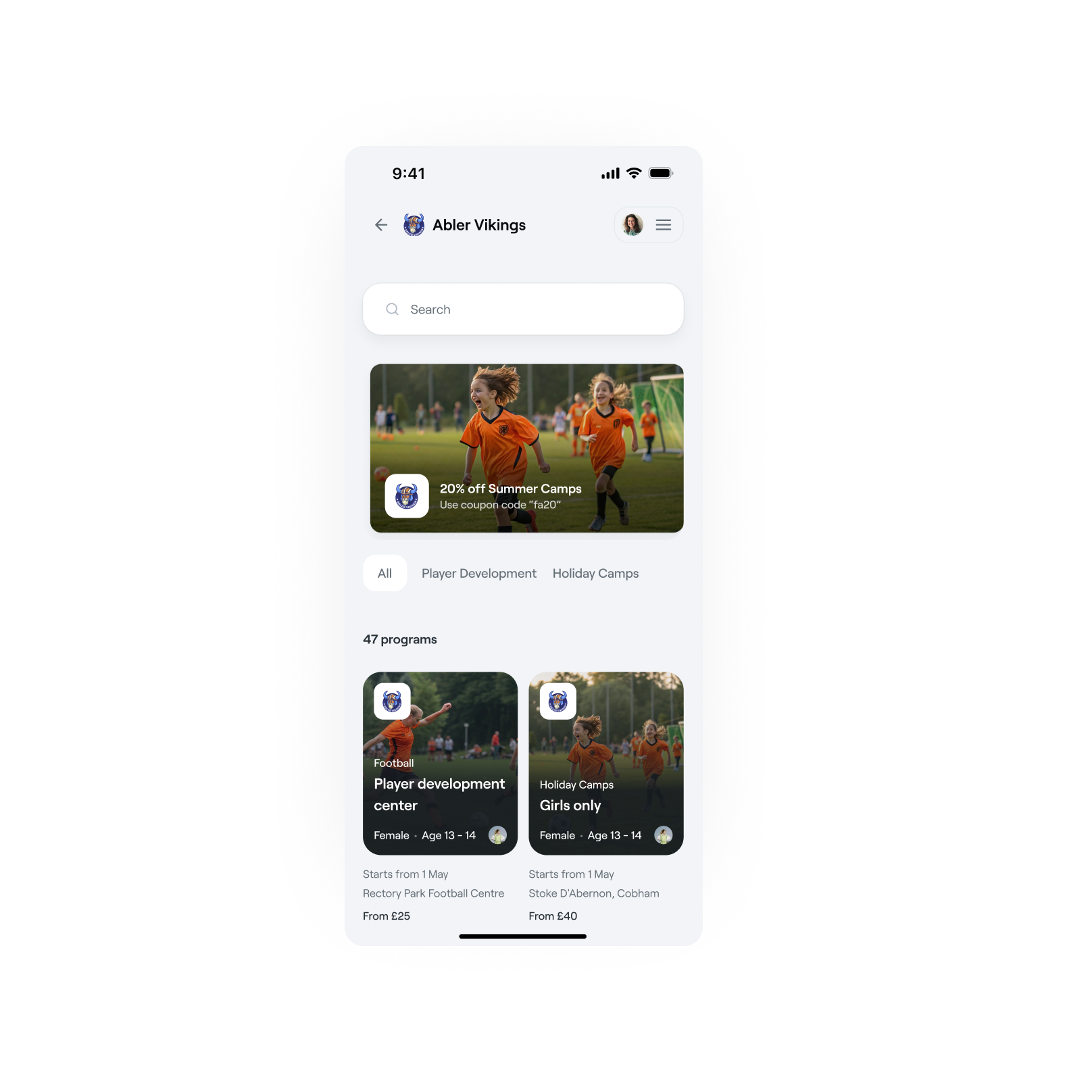 Abler Vikings mobile app showing youth football programs including ...