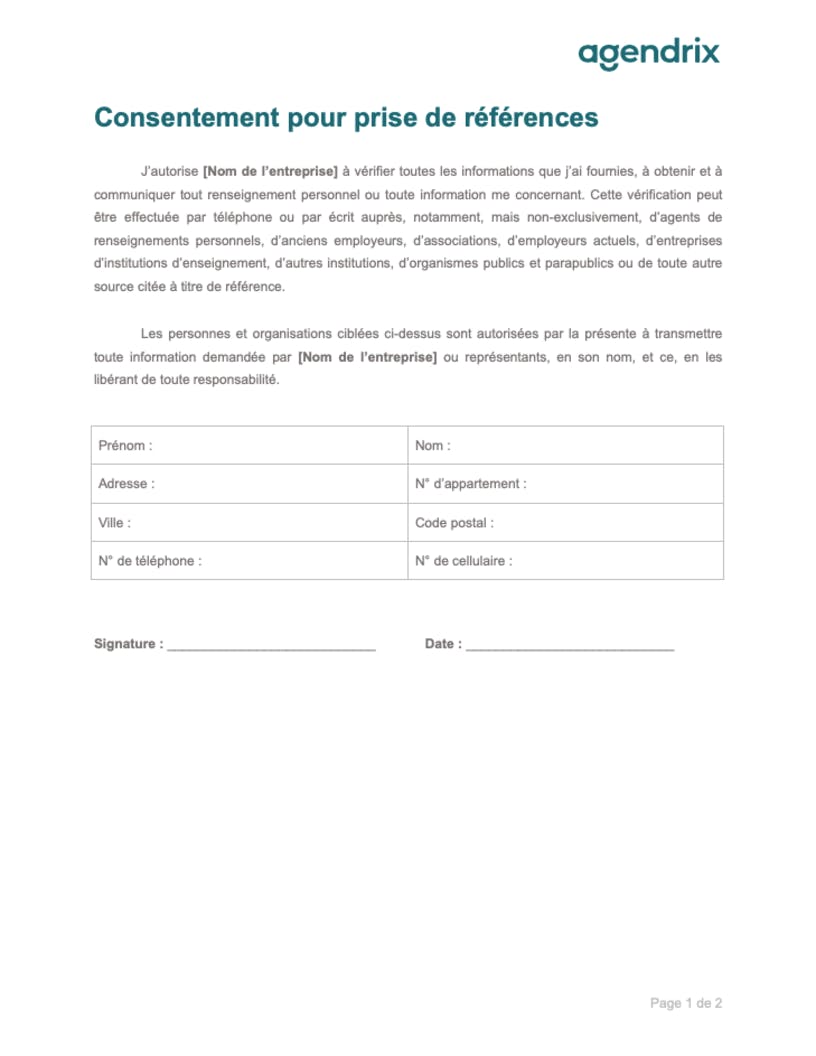 Formulaire de consentement aux références à télécharger | Agendrix