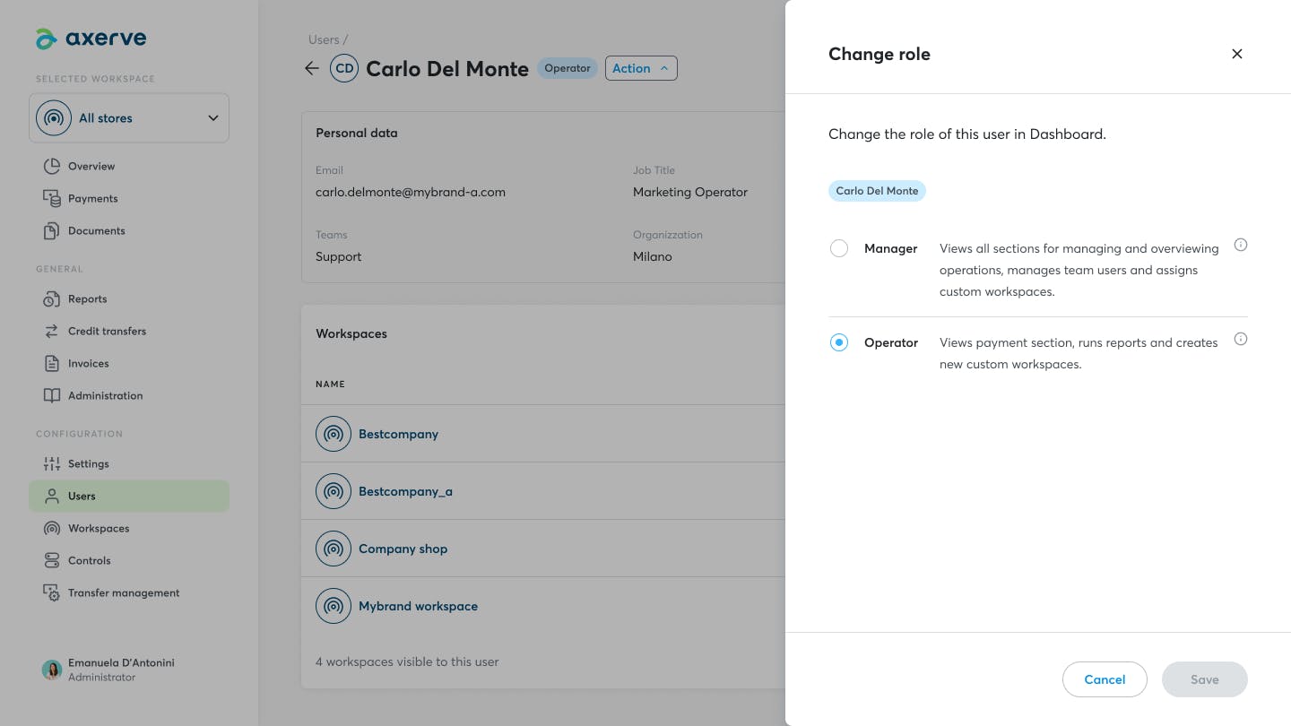 Changing a user’s role in Axerve Dashboard | Fabrick Changing a user’s role in Axerve Dashboard | Fabrick