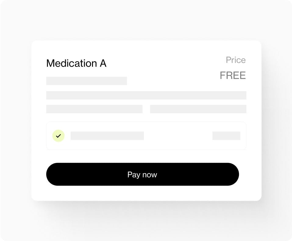 Medication payment screen showing 'Medication A' marked as free, with a ...