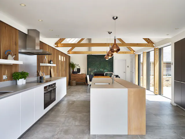 Oak Framed Extension Joins Barn and Kitchen – Carpenter Oak