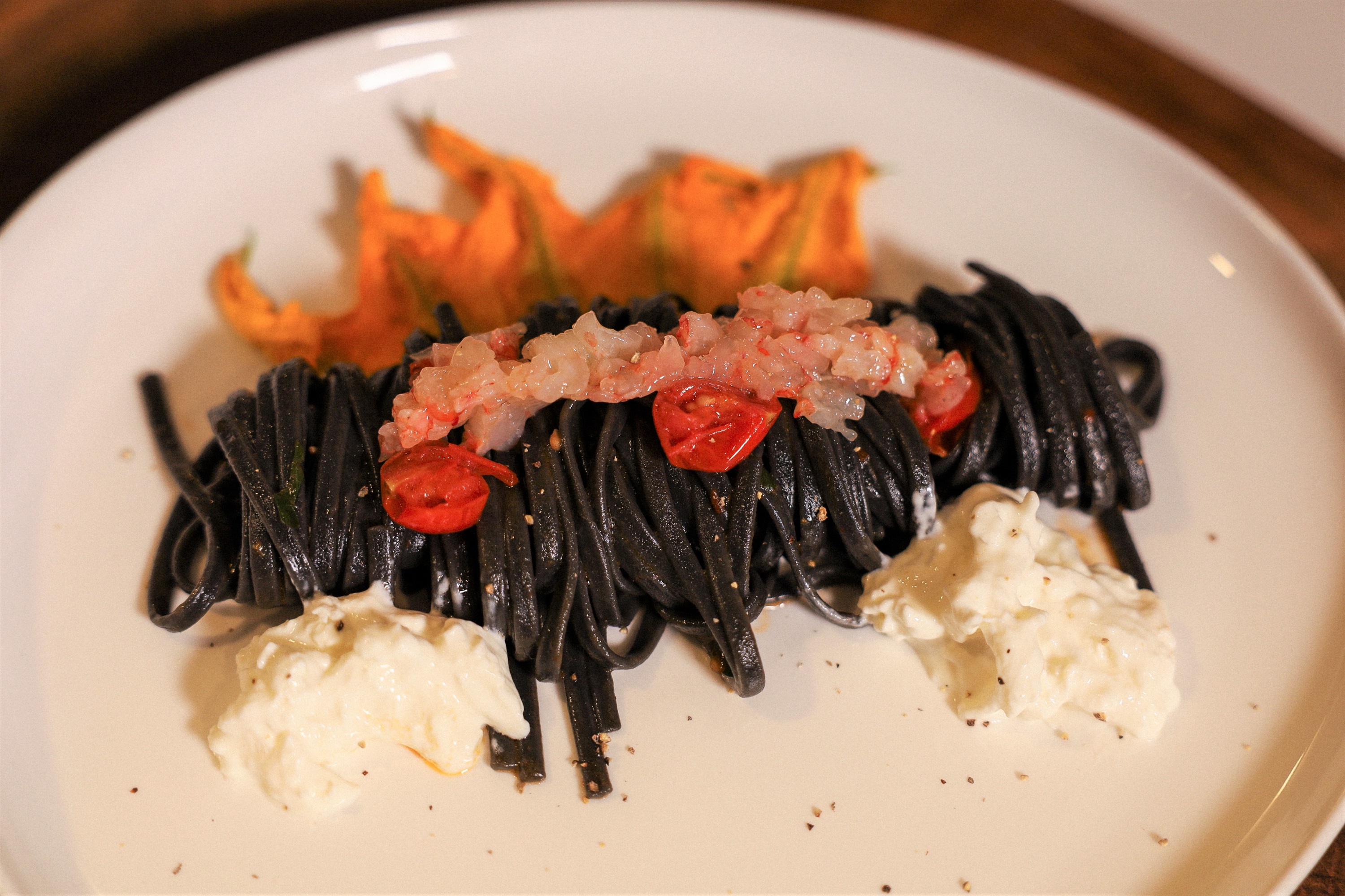 Recipe - Black Ink Linguine with Carpaccio, Burrata & Zucchini Flowers ...