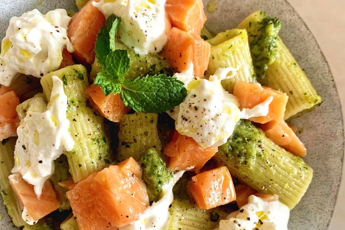 Recipe - Rigatoni with Mint Zucchini Crema, Salmon Tartare and Burrata ...