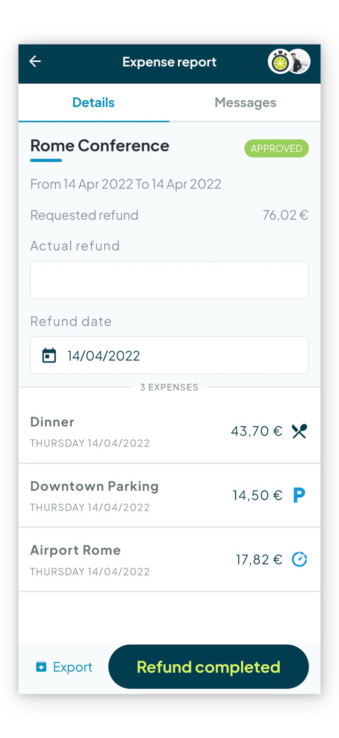 Expense report in an app - Fluida