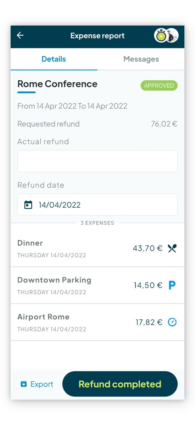 Expense report in an app - Fluida