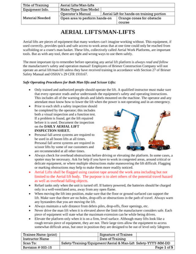 Aerial Lift Training Material Free Sc Training