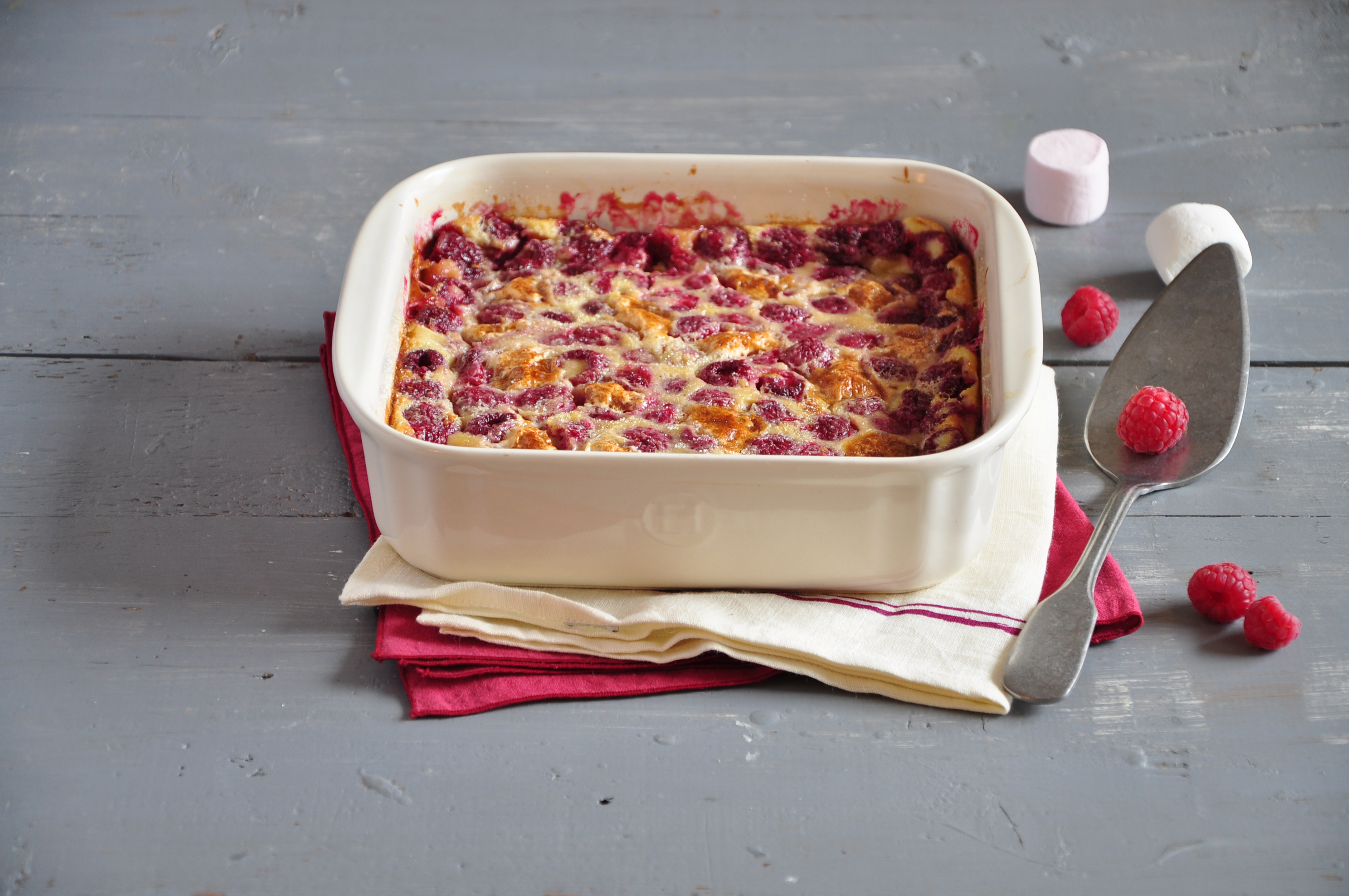 Raspberry and marshmallow clafoutis