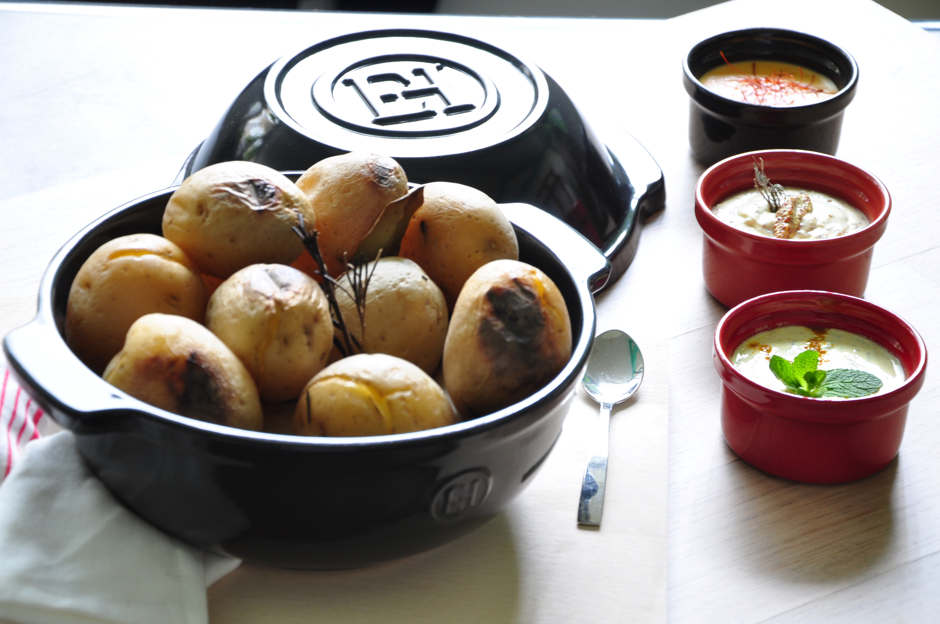 Pot-cooked potatoes with a trio of sauces