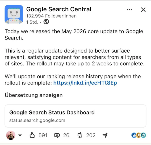 Google rollt das May Core Update 2026 aus | Exportarts