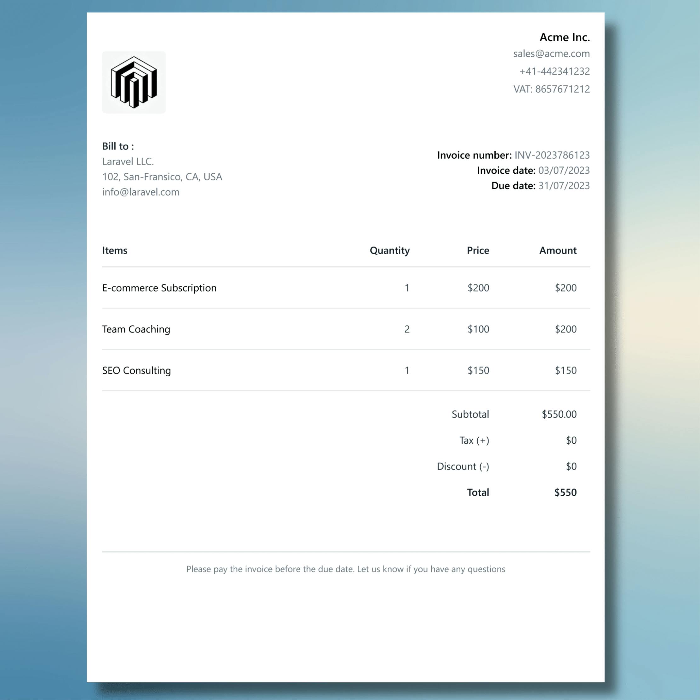 Create Invoice Template