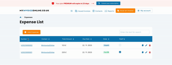 Expense List Features | MyInvoiceOnline.co.uk