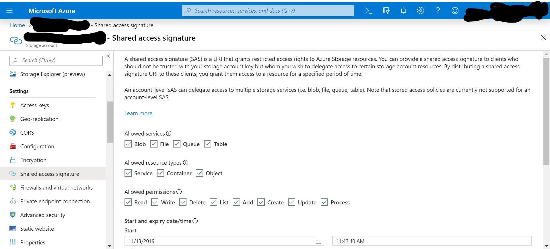 How to create a shared access signature for a specific folder in Azure Storage