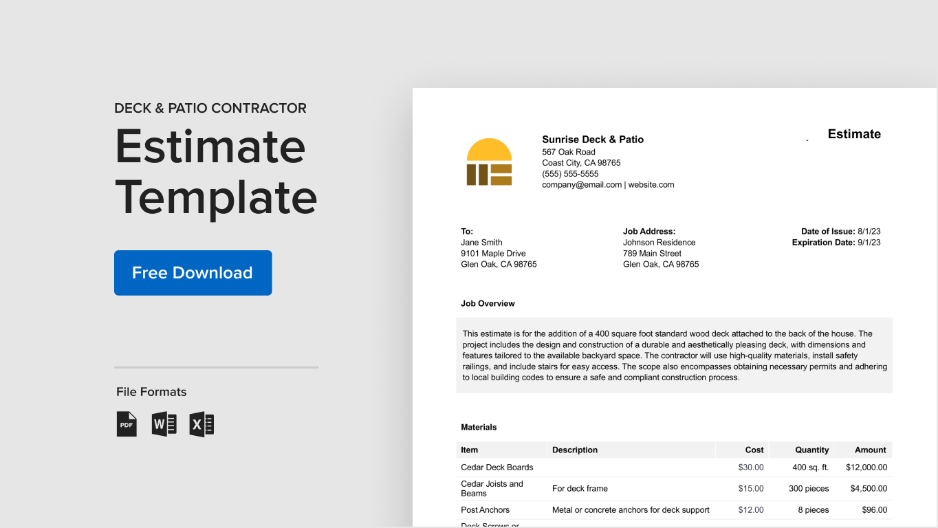Deck Estimate Template for Estimating Deck Jobs