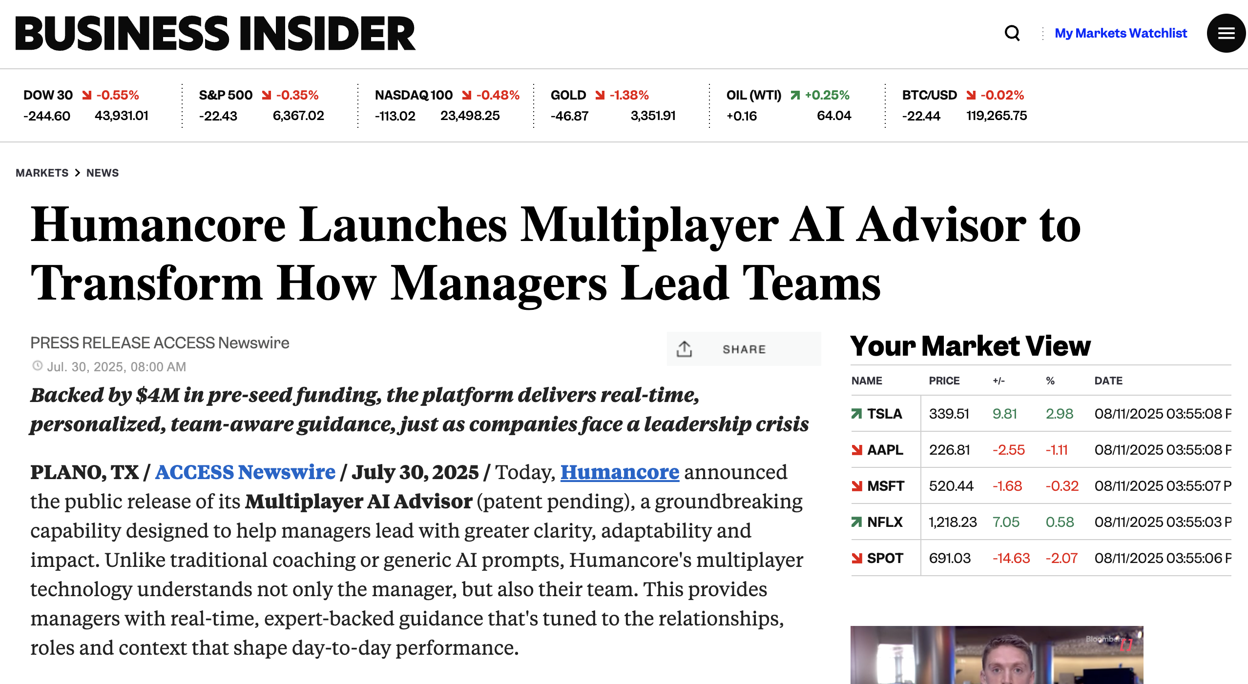 Business Insider: Humancore Launches Multiplayer AI Advisor to ...