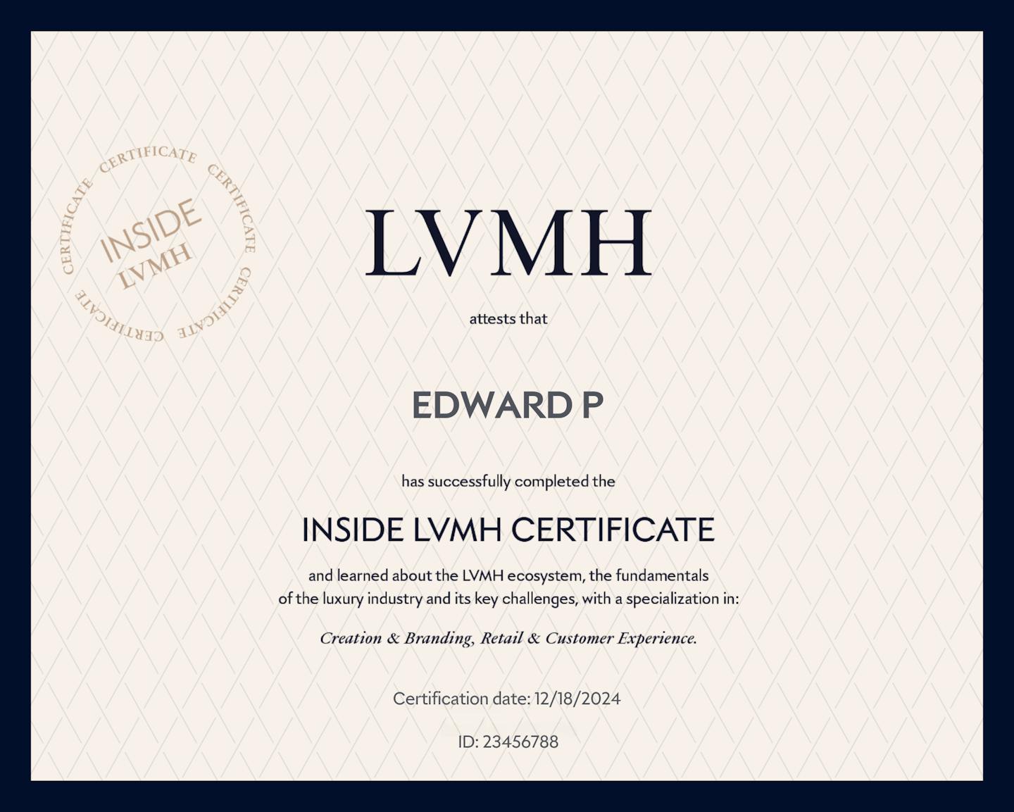 CERTIFICATE ⏐ INSIDE LVMH