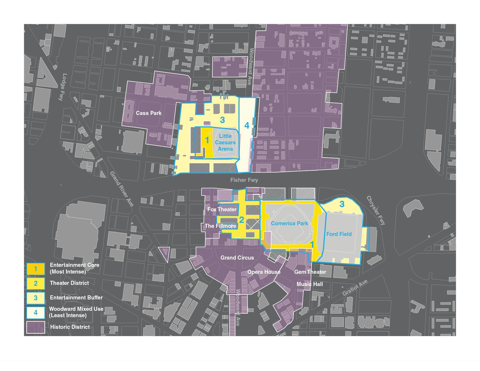 Map of Detroit entertainment signage district showing four distinct ...