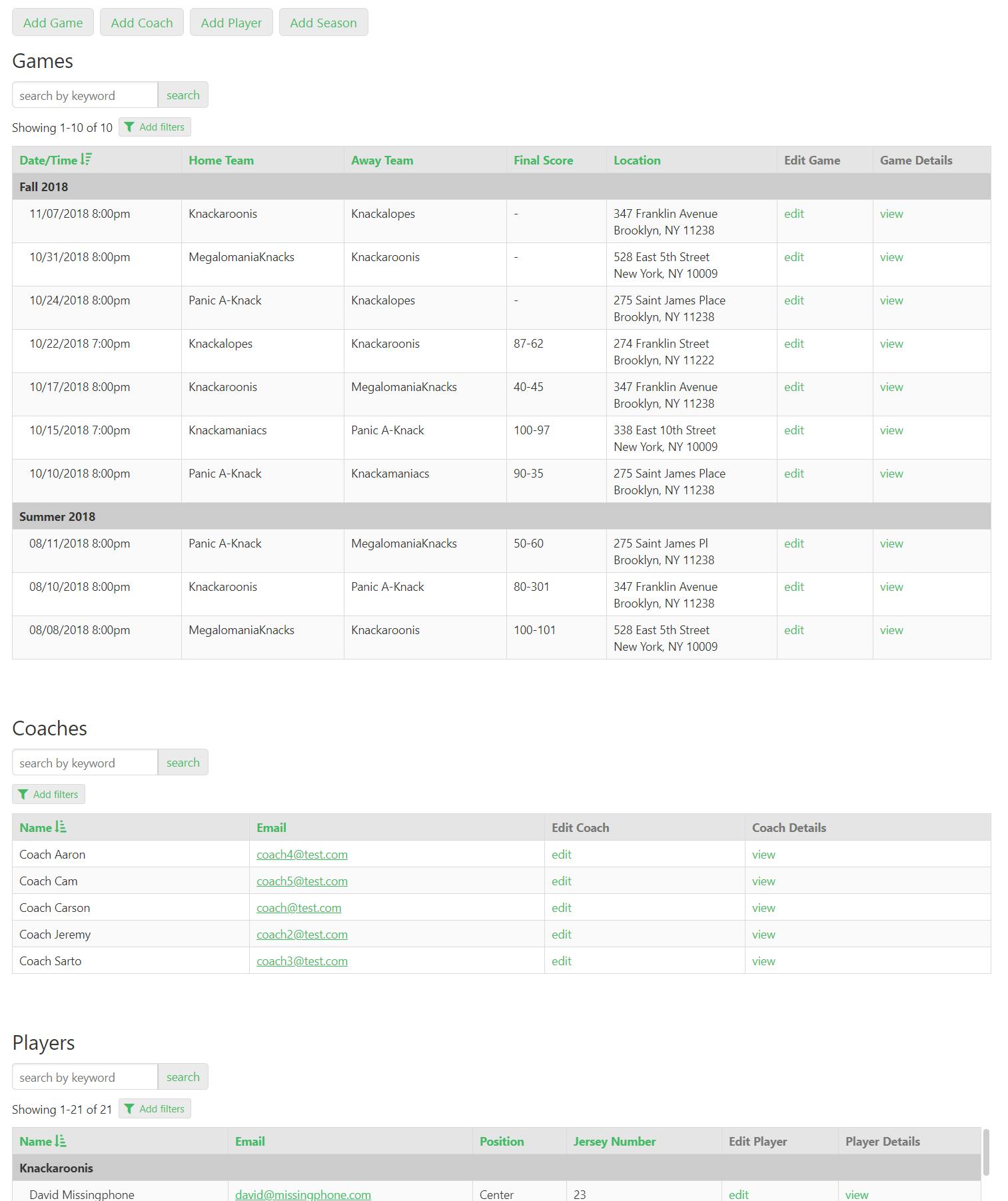 Online database and workflow templates: Sports League