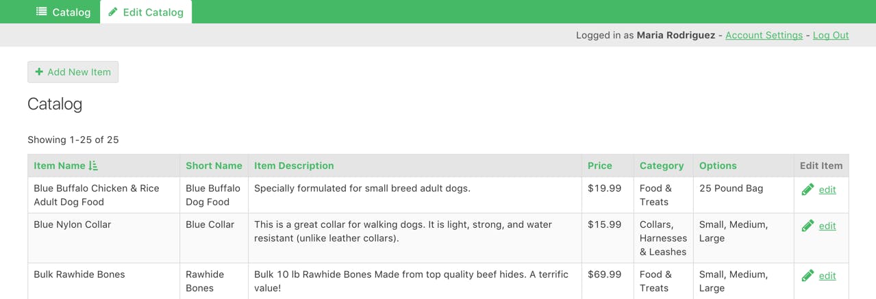 Online database and workflow templates: Product Catalog