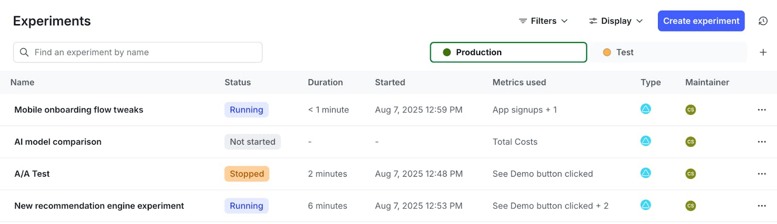 New experiment list dashboard | LaunchDarkly