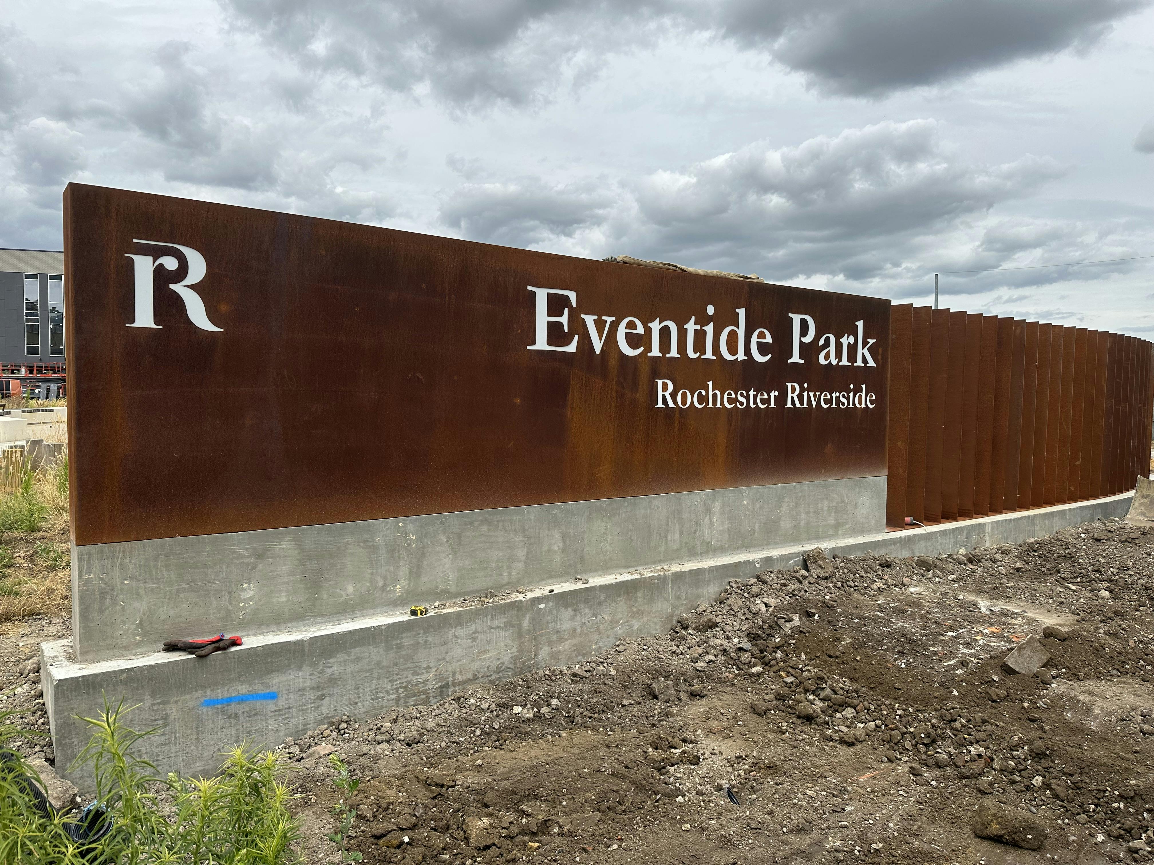 Striking Corten Steel entrance sign installed at Eventide Park ...