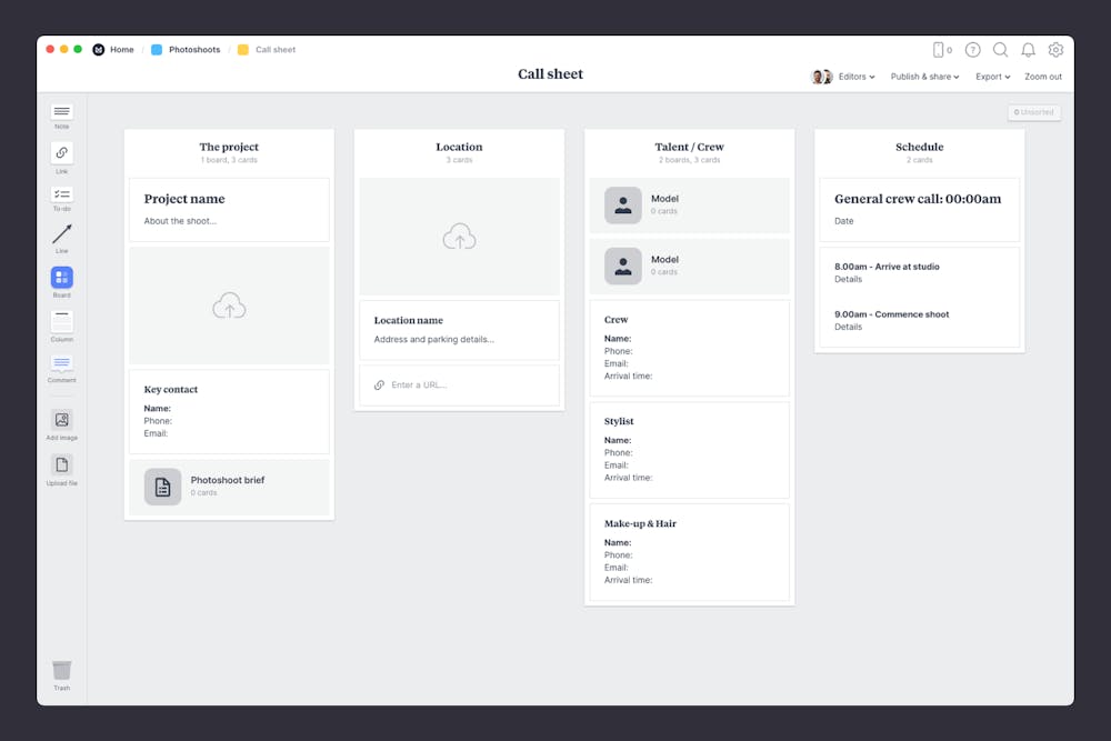 Photoshoot Call Sheet Template & Example - Milanote