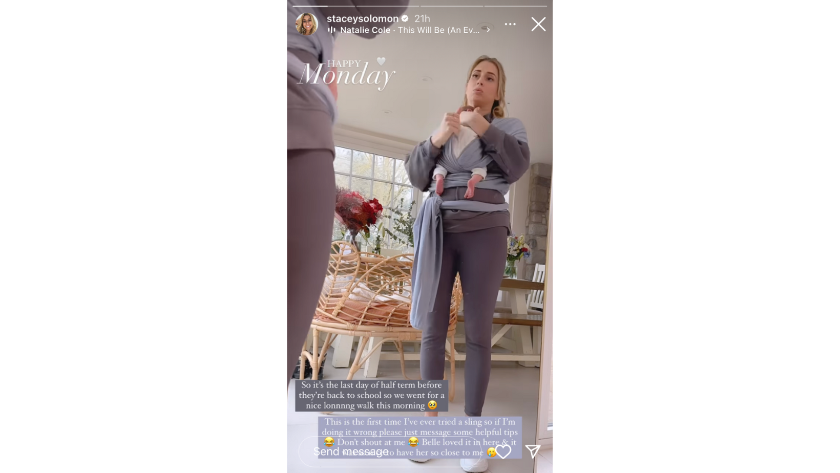 Stacey shares relatable parenting moment where she used baby sling for ...