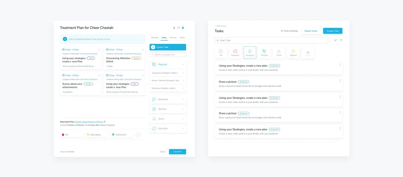 UI/UX design for the treatment plan in behavioural healthcare field.