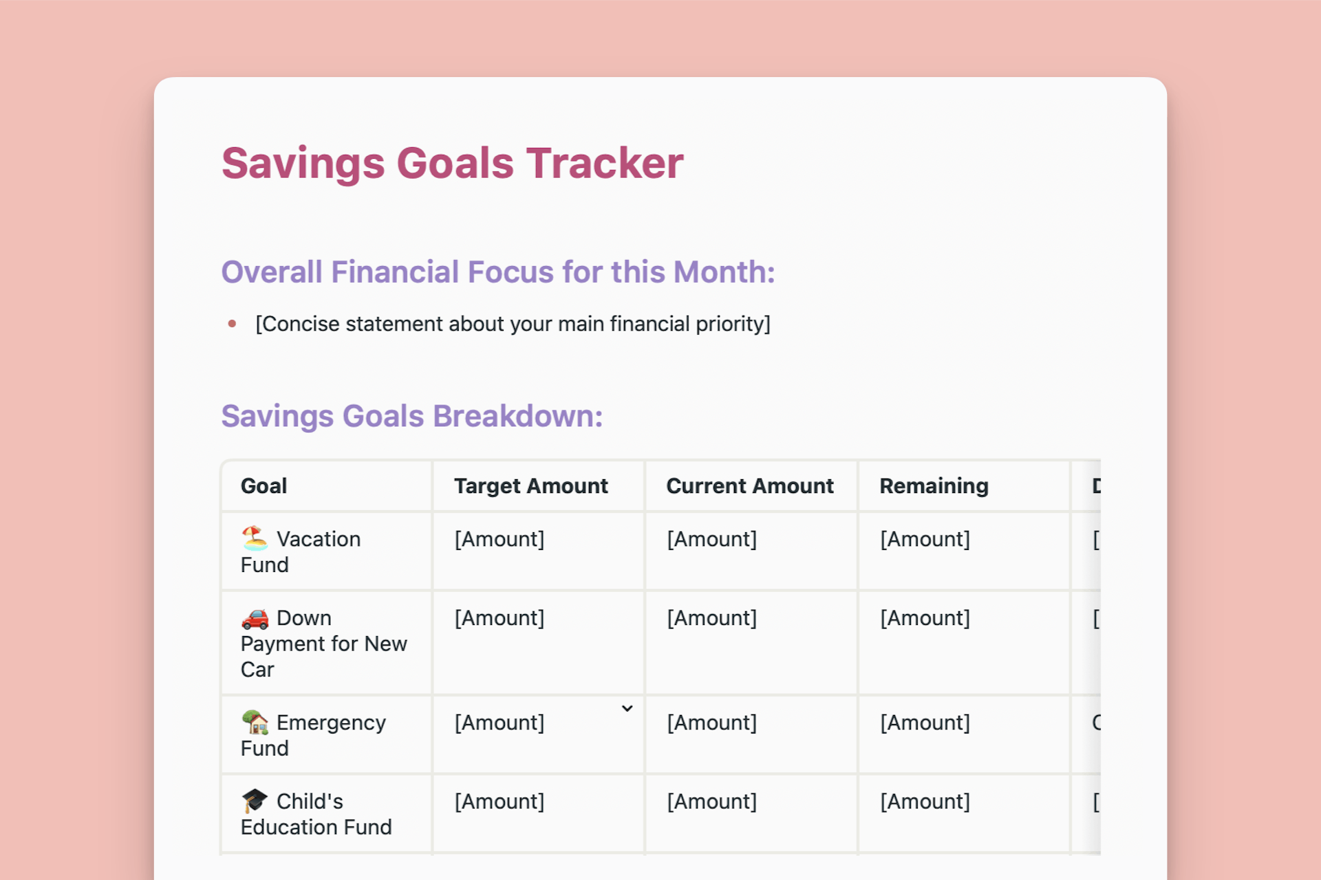 Savings Goals Tracker Template