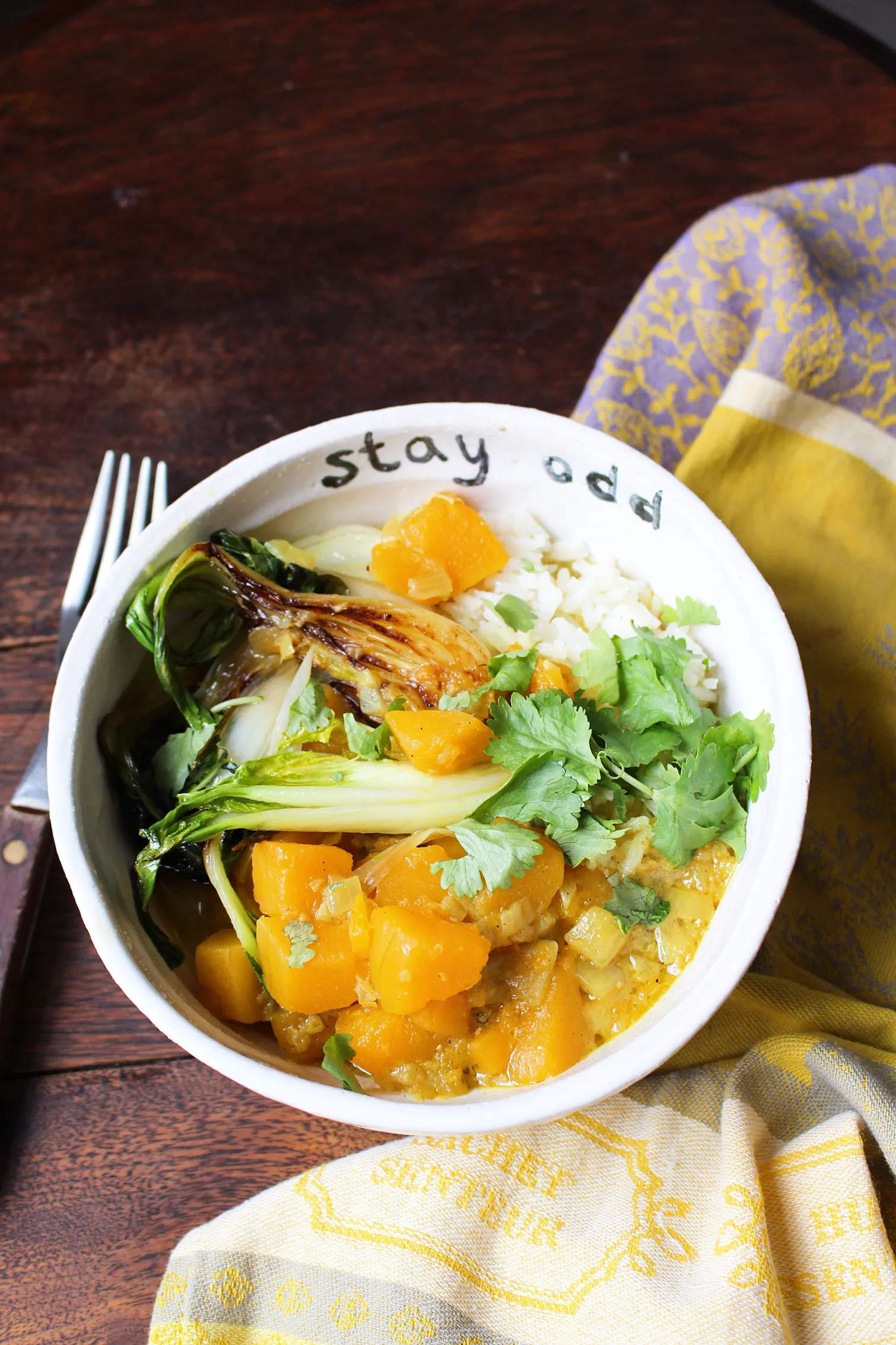 Curried Butternut Squash, Pak Choi, Onion and Coconut Stew