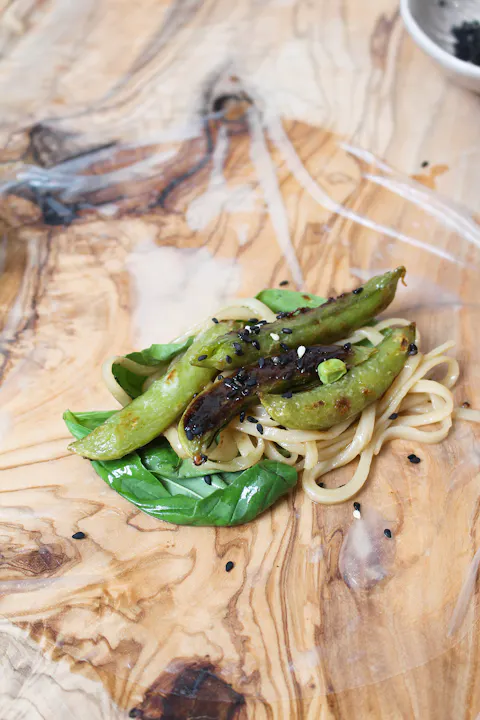 Roasted Sugar Snap Pea Rolls With Sesame Dipping Sauce