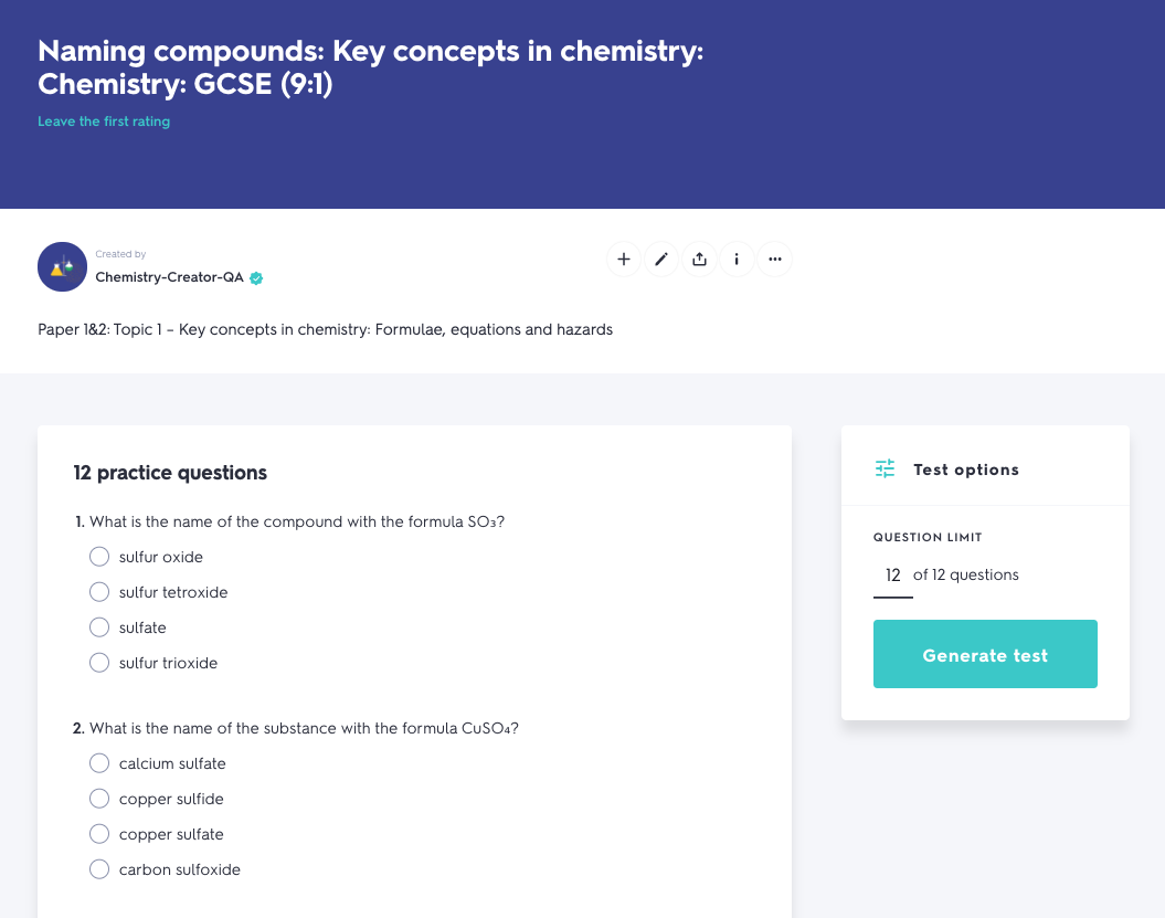 Edexcel GCSE Chemistry Practice Questions | Quizlet