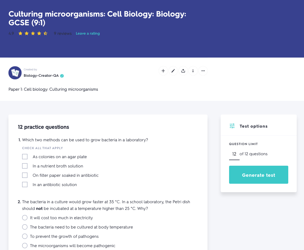 AQA GCSE Biology Practice Questions | Quizlet