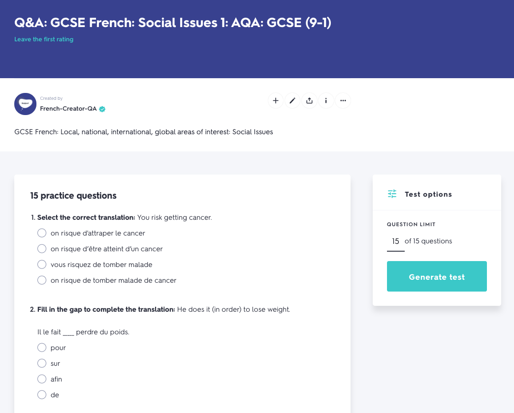 AQA GCSE French Practice Questions | Quizlet