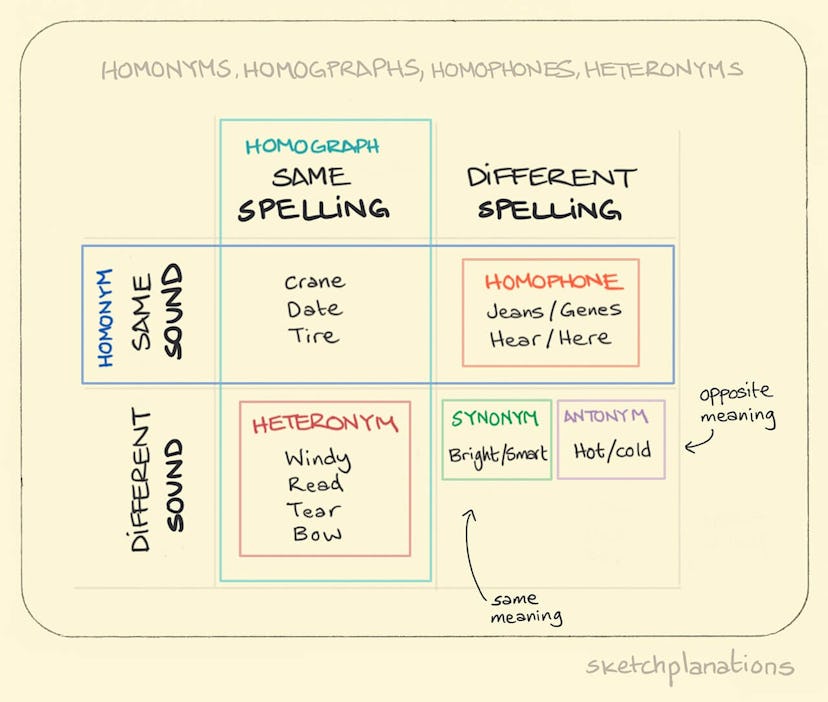 Homonyms, homographs, homophones, heteronyms… - Sketchplanations