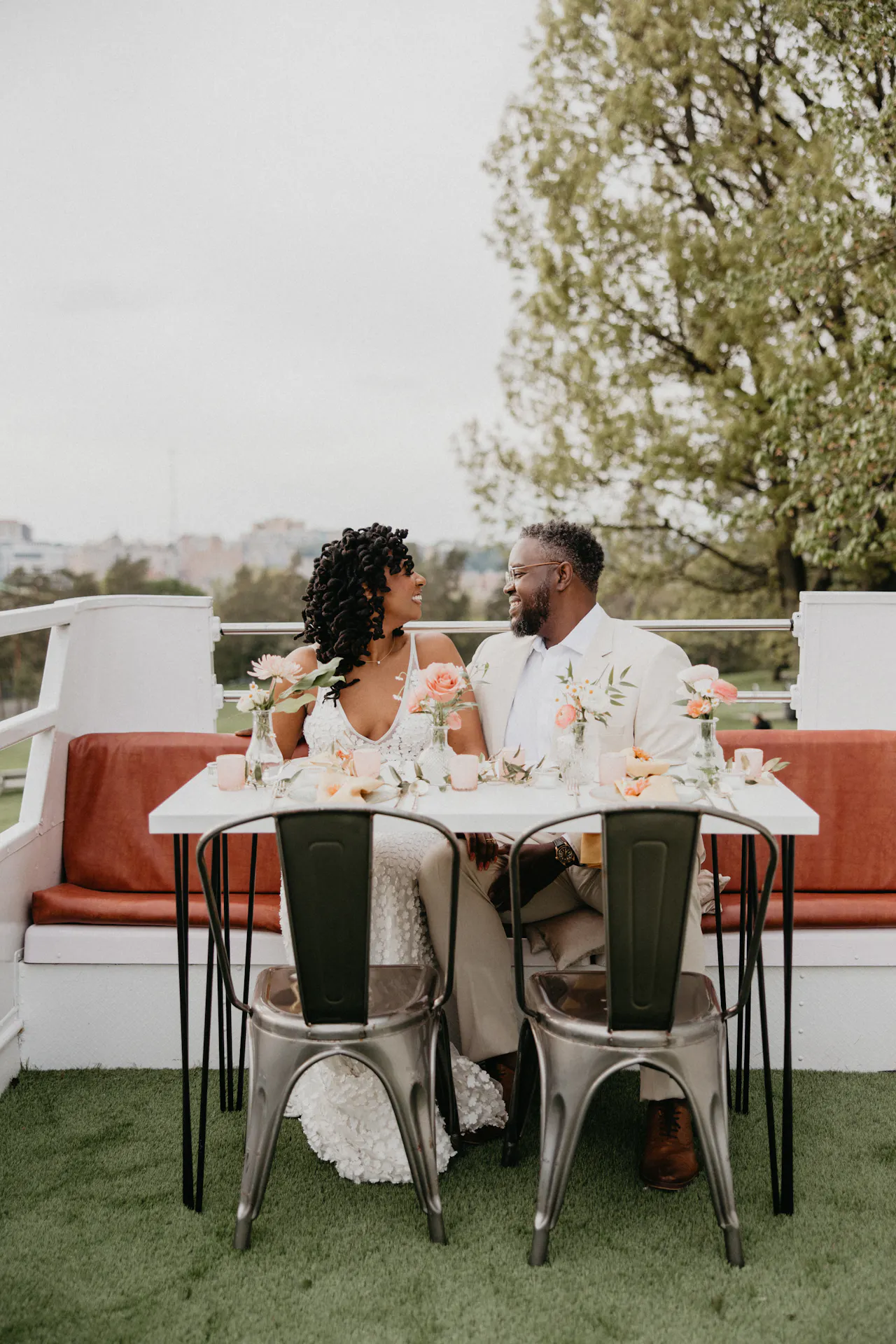 Double Decker Bus | White & Tan Neutral Wedding with Bright Pops of Color