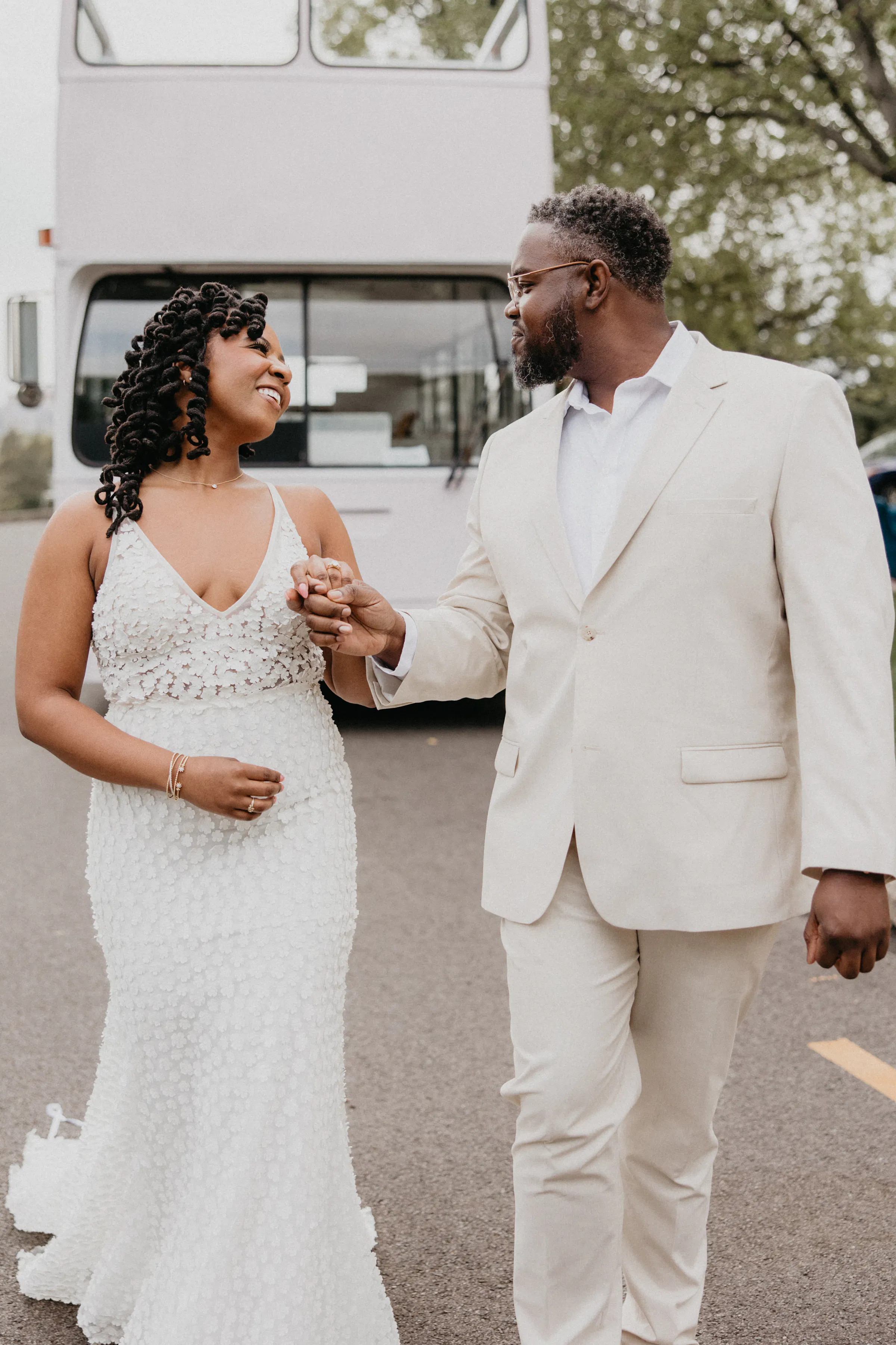 Double Decker Bus | White & Tan Neutral Wedding with Bright Pops of Color