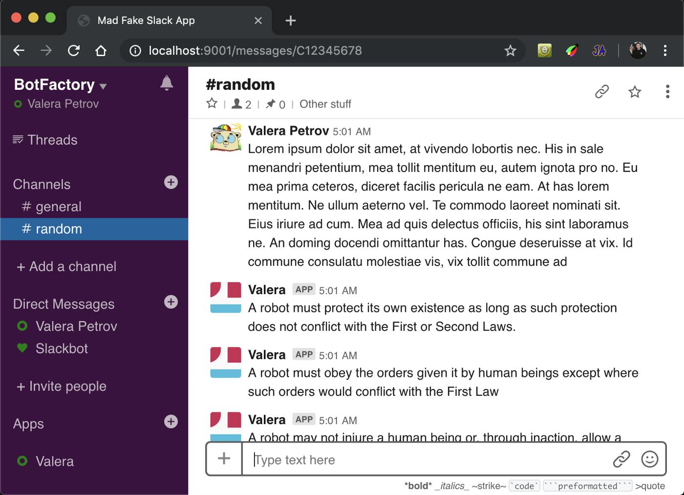 Mad-Fake-Slack — to Test Your Bots