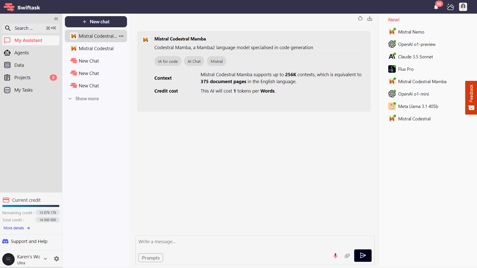 Mistral Codestral Mamba: how to use it on Swiftask