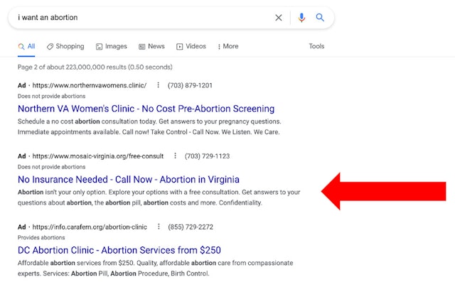 TTP - Google Serves Anti-Abortion Clinic Ads that Violate its Policies