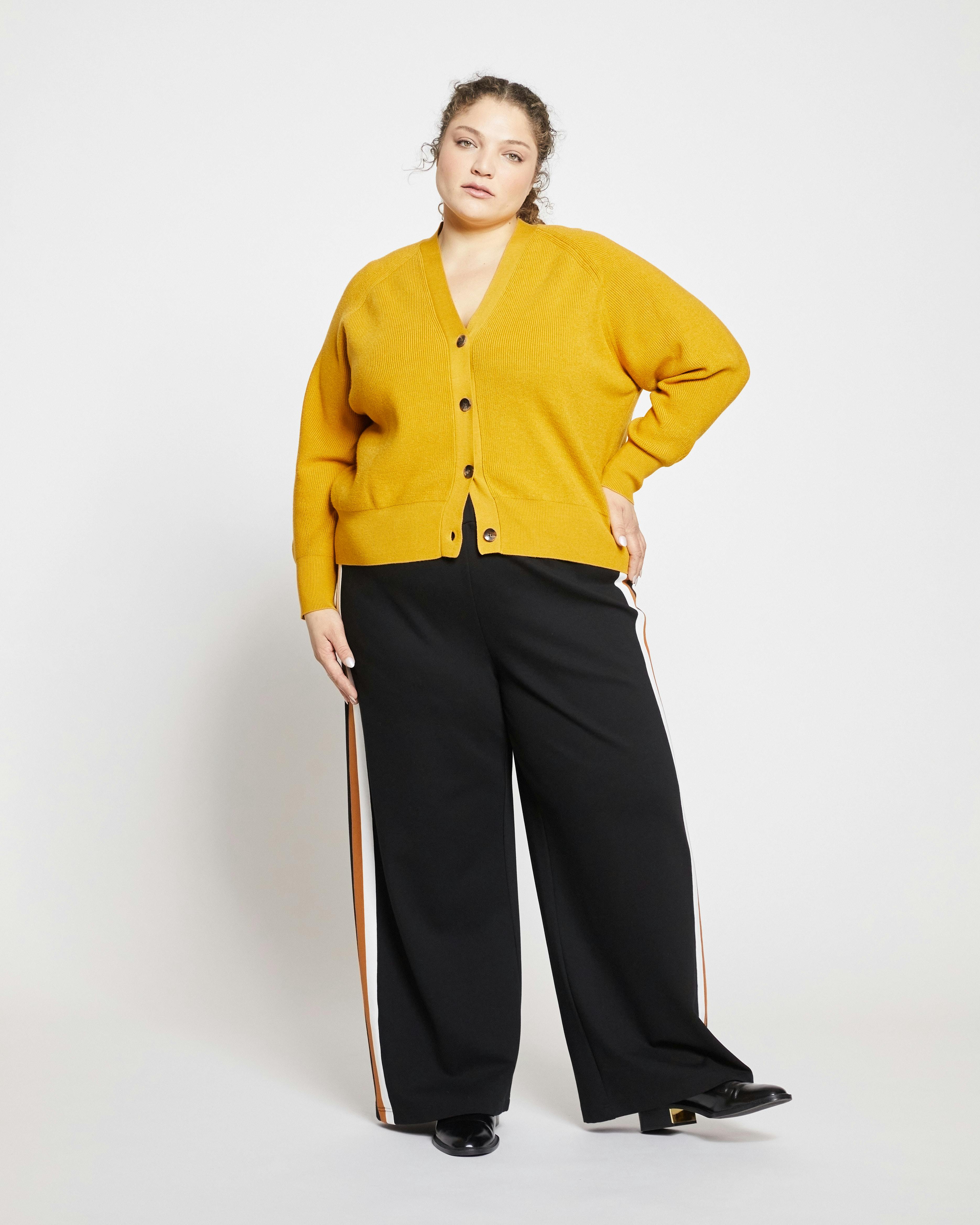 Stephanie Wide Leg Stripe Ponte Pants 30 Inch - Black with Ochre/White ...