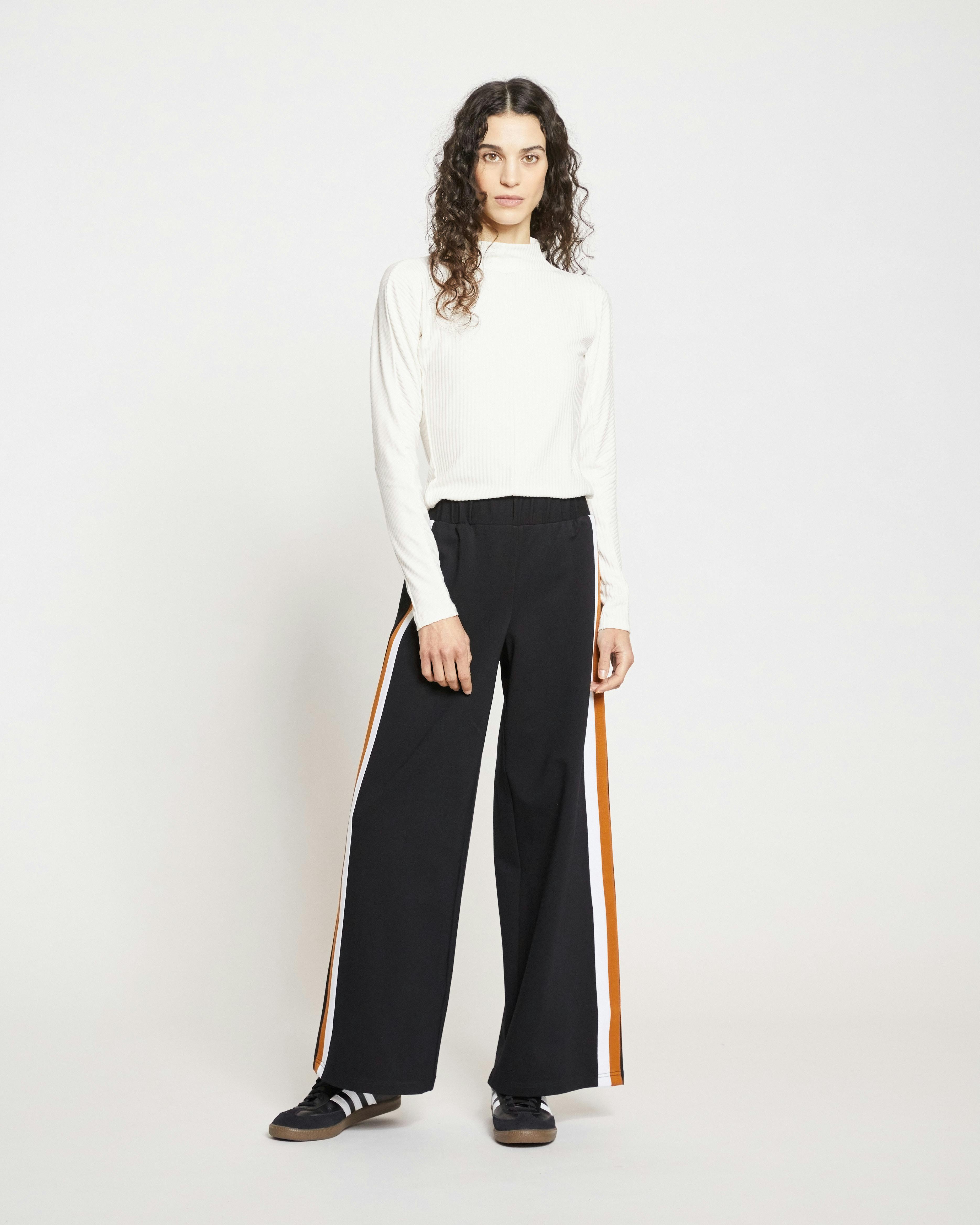 Stephanie Wide Leg Stripe Ponte Pants 30 Inch - Black with Ochre/White ...