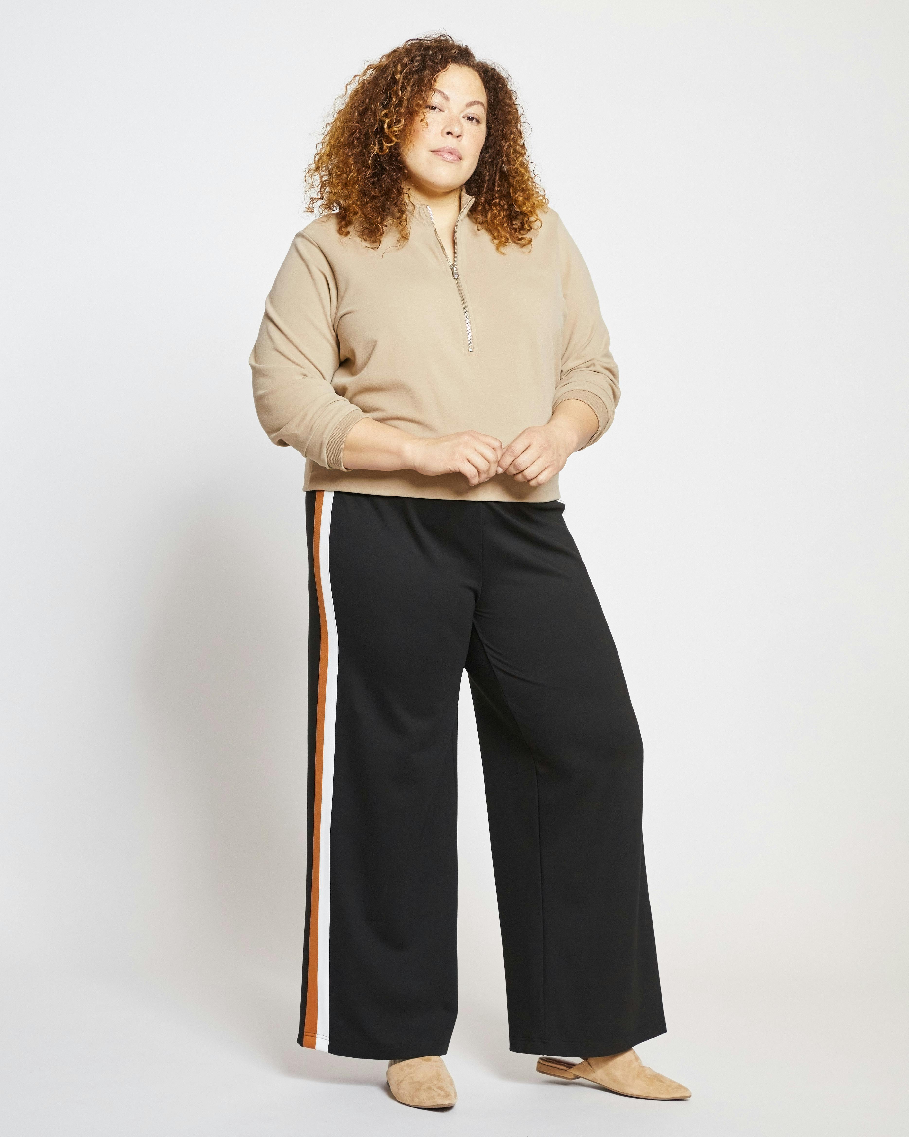 Stephanie Wide Leg Stripe Ponte Pants 30 Inch - Black with Ochre/White ...