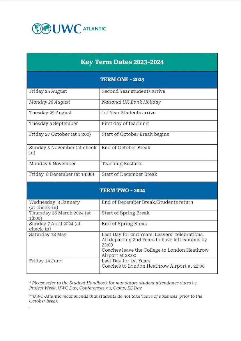 Term Dates | Living | UWC Atlantic College