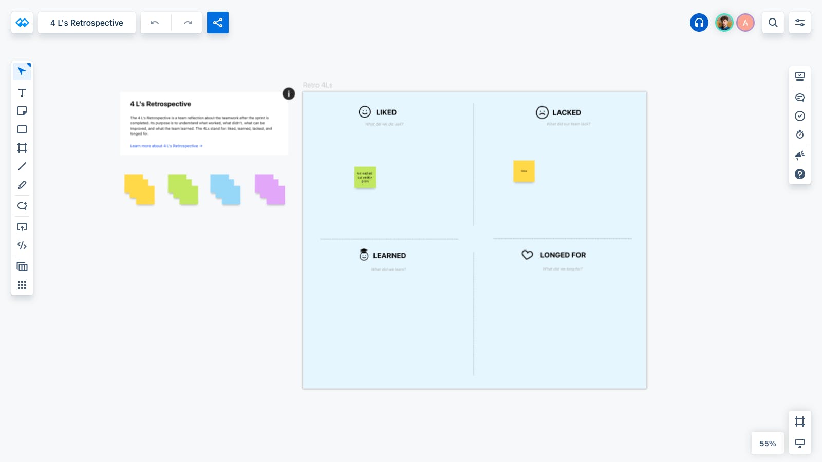 4 L's Retrospective Template | Whiteboards.io 4 L's Retrospective Template | Whiteboards.io
