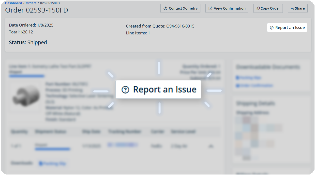 Image highlighting location of new "Report An Issue" button on order summary page.