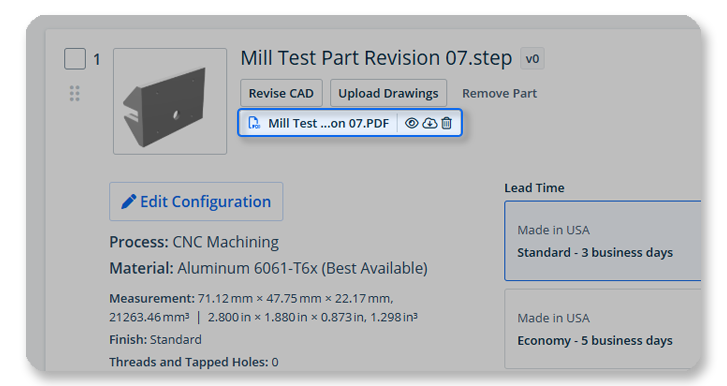Xometry Instant Quoting Engine® with the PDF buttons highlighted.
