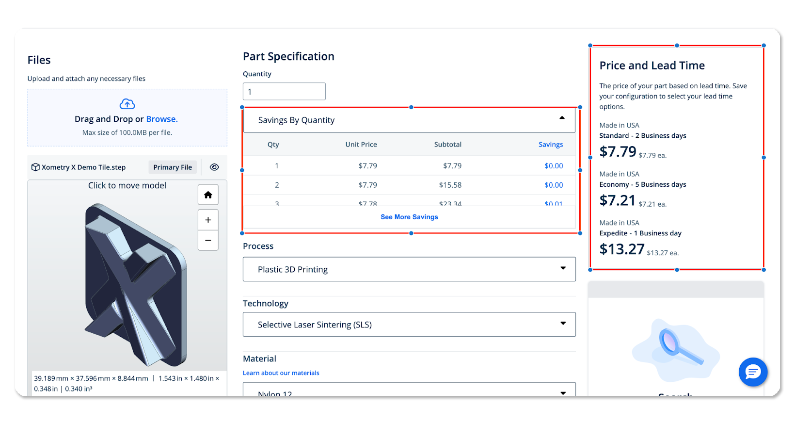 Screenshot of price, lead time and quantity savings on updated configuration screen.