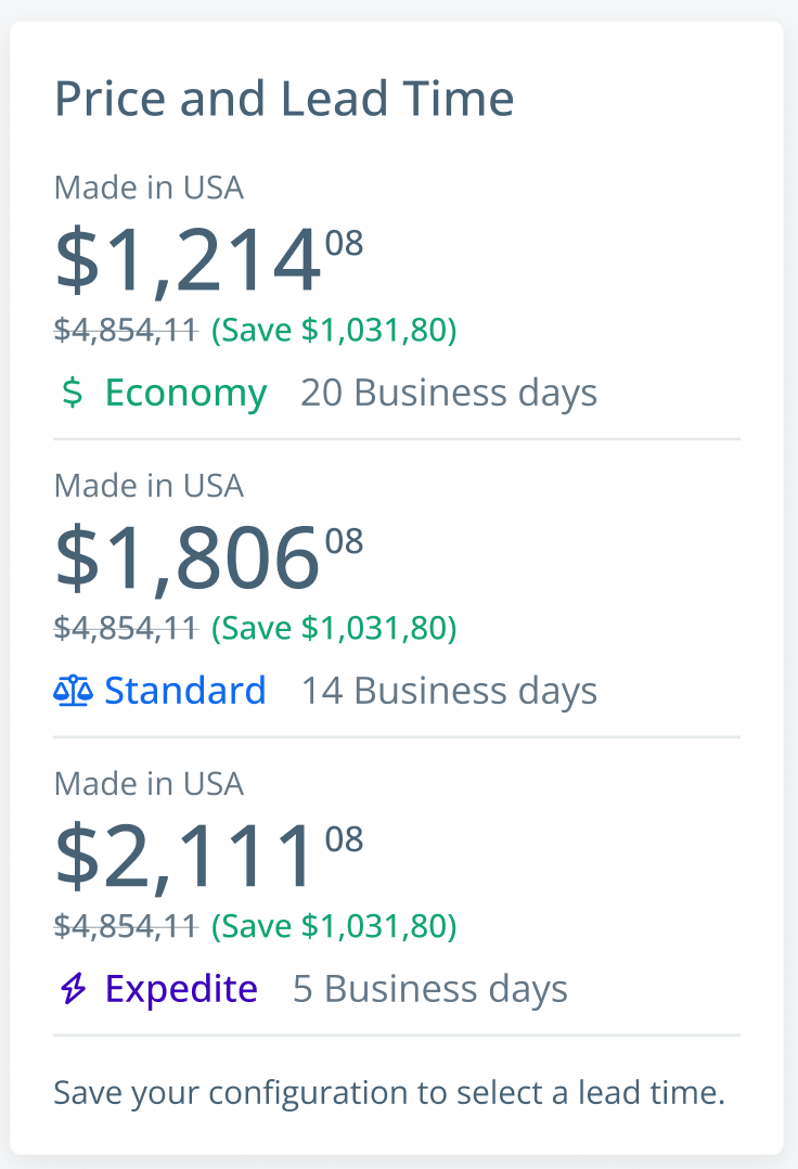 Screenshot showcasing new price and lead time styling. 